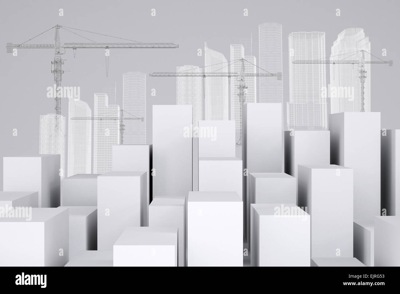 Many white cubes with wire-frame buildings and tower cranes Stock Photo ...