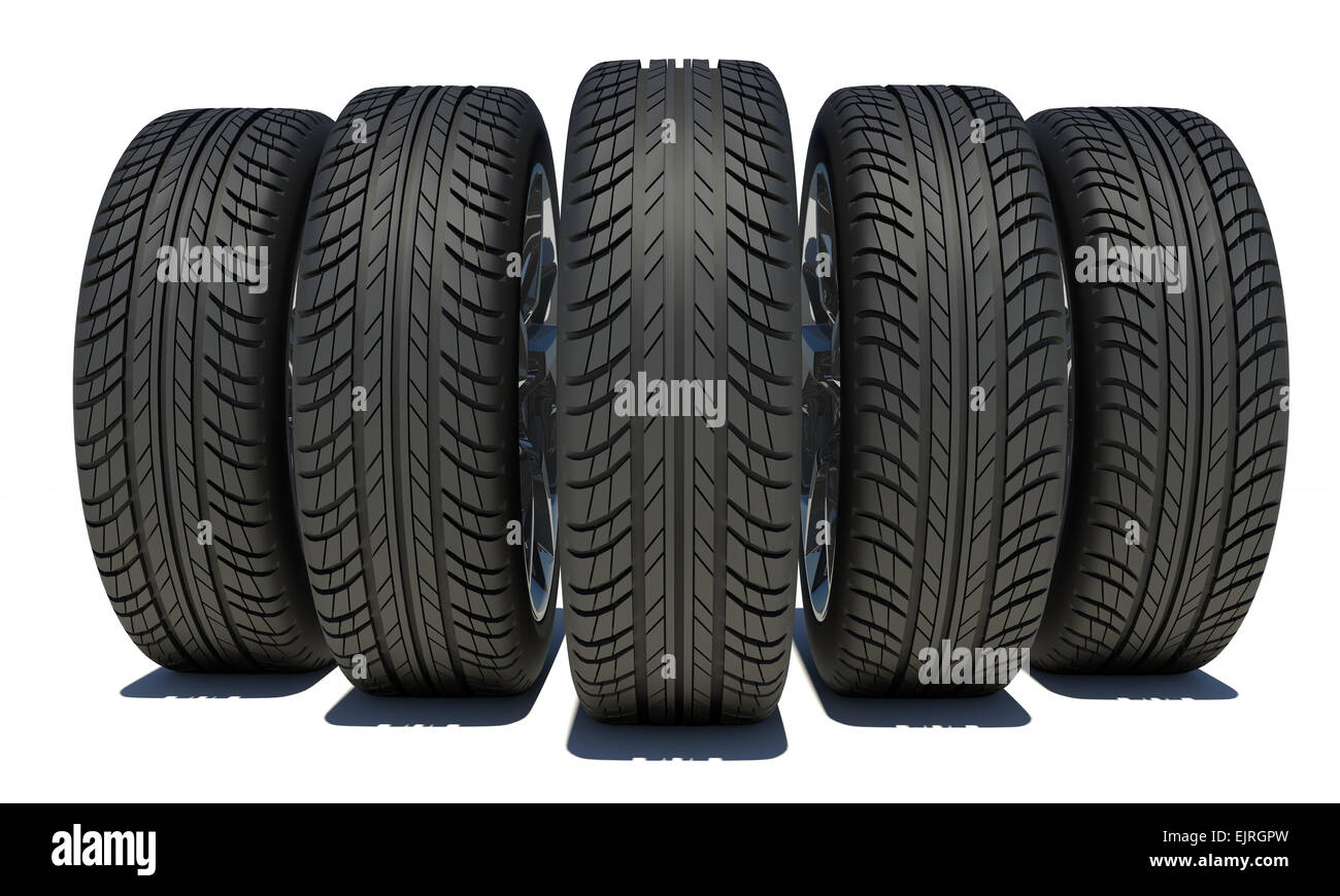 Wedge of five car wheels. Isolated on white background Stock Photo - Alamy