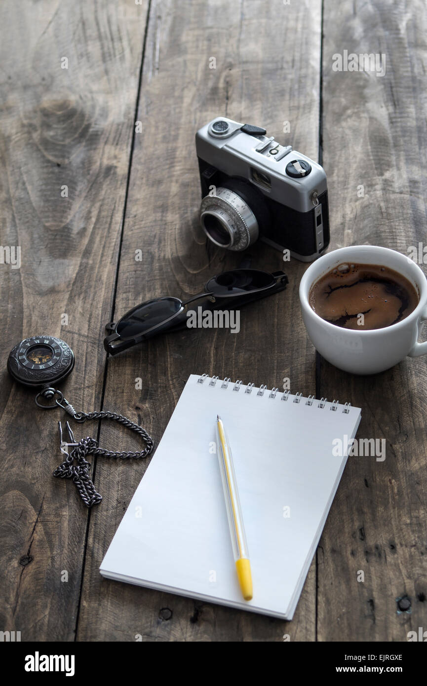 Man's various personal items on wooden table, close up Stock Photo - Alamy