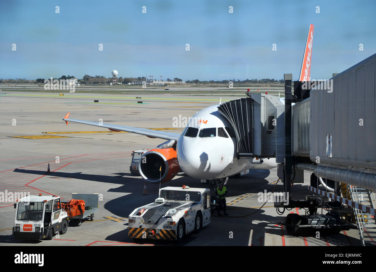 An EasyJet Airbus A320 waits for passengers with the gangway bridge ...