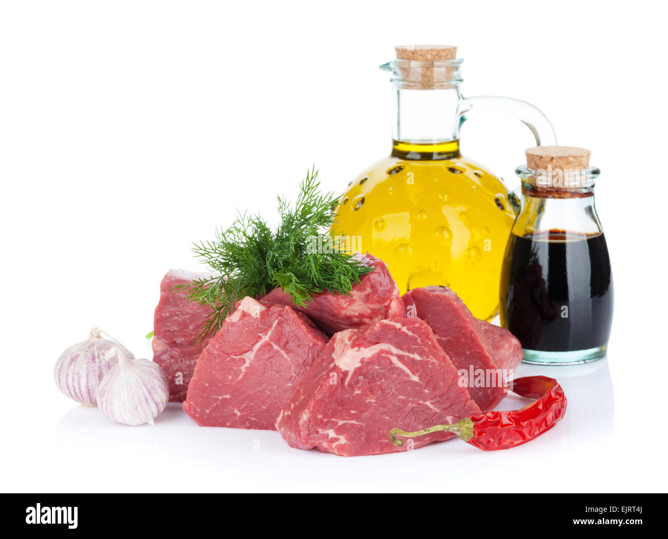 Fillet steak beef meat with spices and condiments. Isolated on white ...