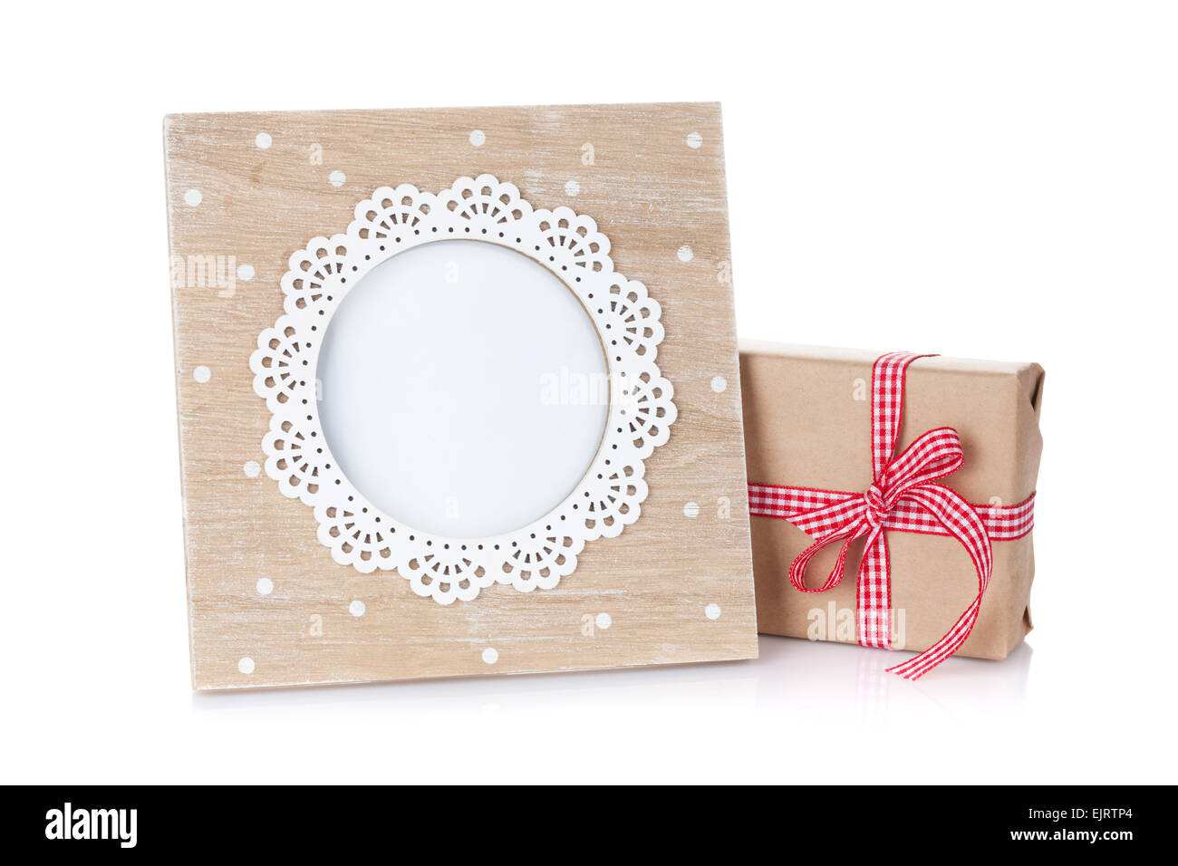 Vintage style photo frame and gift box. Isolated on white background ...