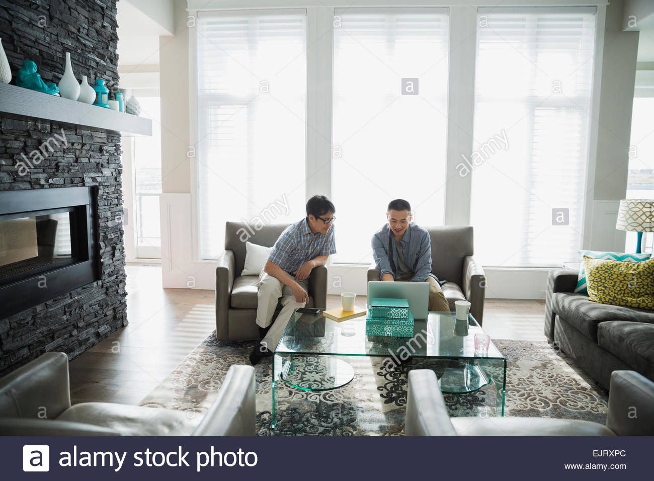 Father and son using laptop in living room Stock Photo - Alamy