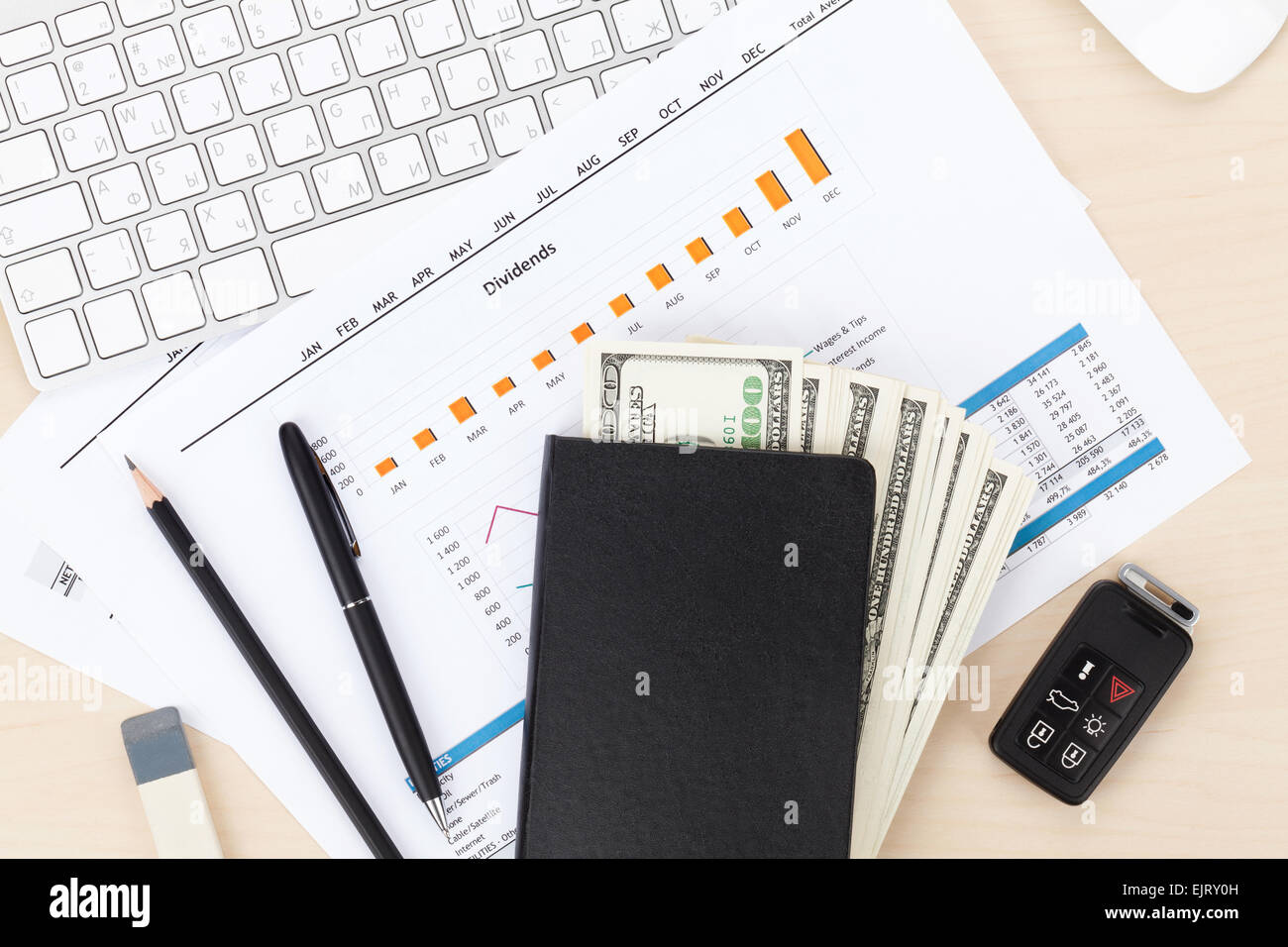 Office table with pc, supplies and money cash. View from above Stock ...