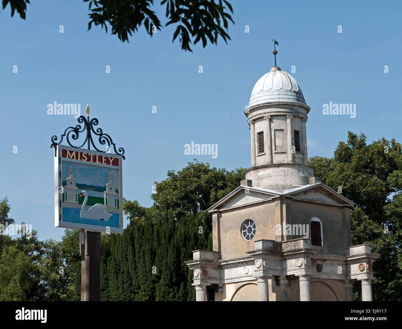 The Village Sign alongside one of The Mistley Towers, Mistley Essex ...