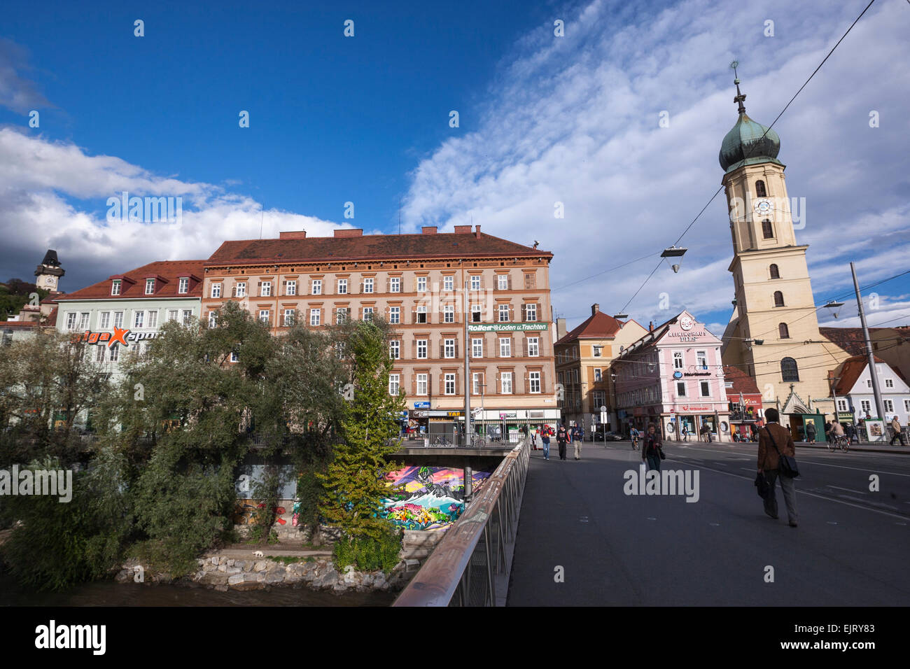 Franziskanerkirche (Franciscan Church) in Graz Old Town from Erzherzog ...
