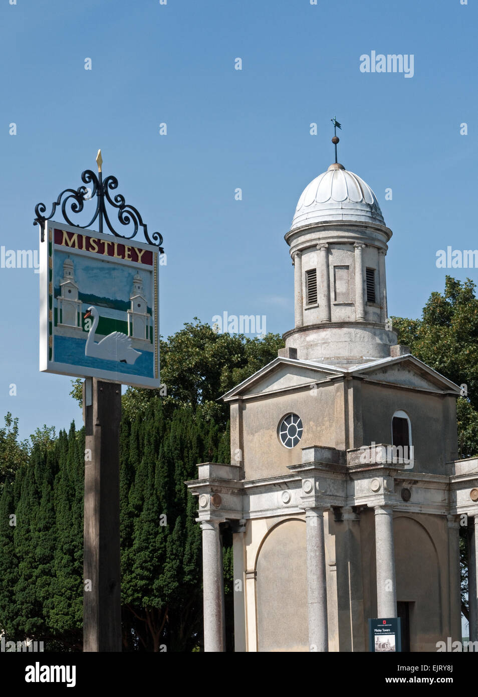 The Village Sign alongside one of The Mistley Towers, Mistley Essex ...