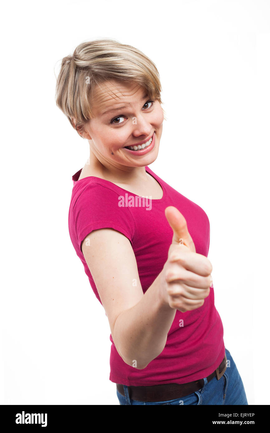 Young woman having a very positive attitude, isolated on white Stock ...