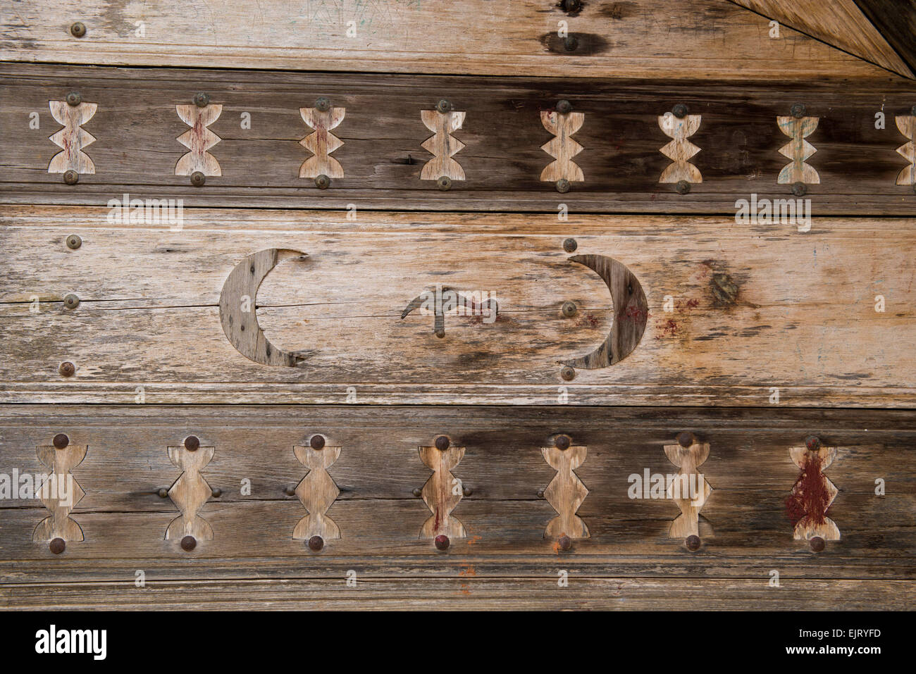 Detail of decorations of a traditional hut in Maroon village on the ...