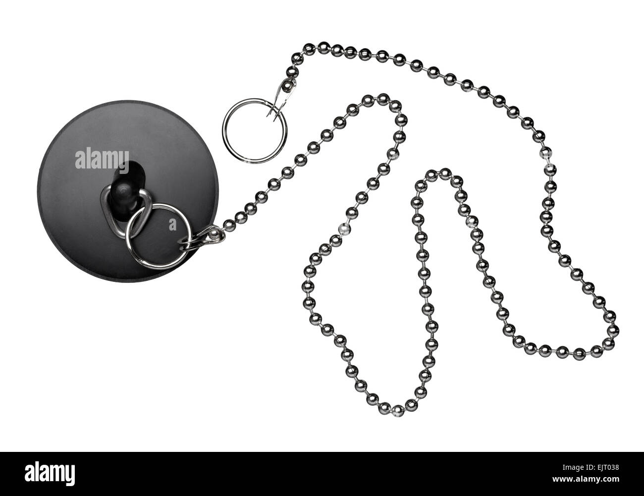 close up of a bathroom plug with chain on white background with ...