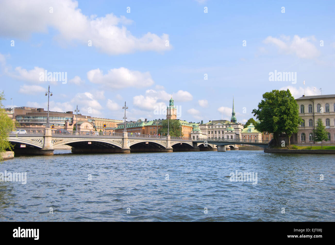 Stockholm, panorama of Parliament House, Norrbro bridge, spire of ...