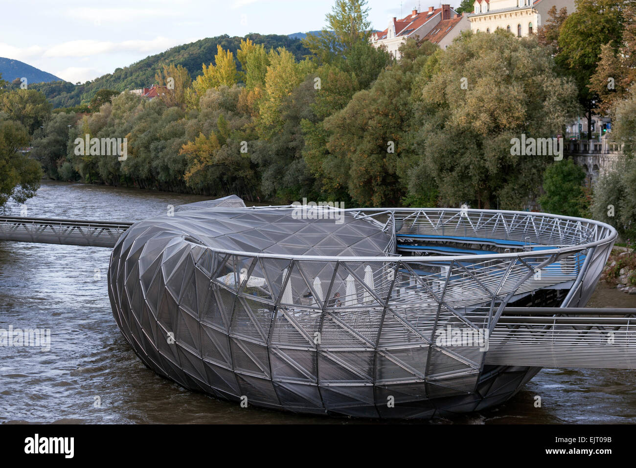 Graz city with the Murinsel, an artificial floating platform in the ...