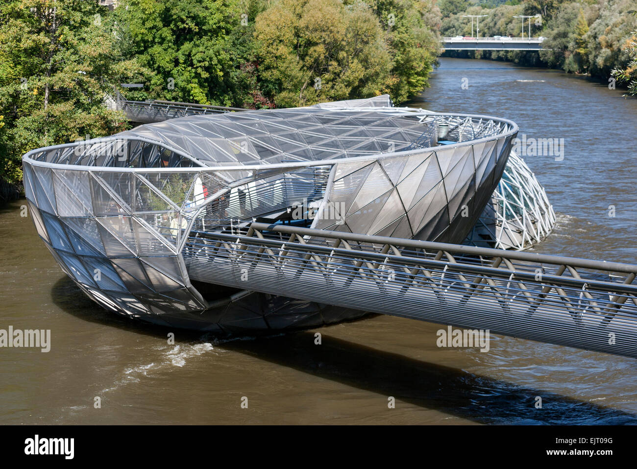 Graz city with the Murinsel, an artificial floating platform in the ...
