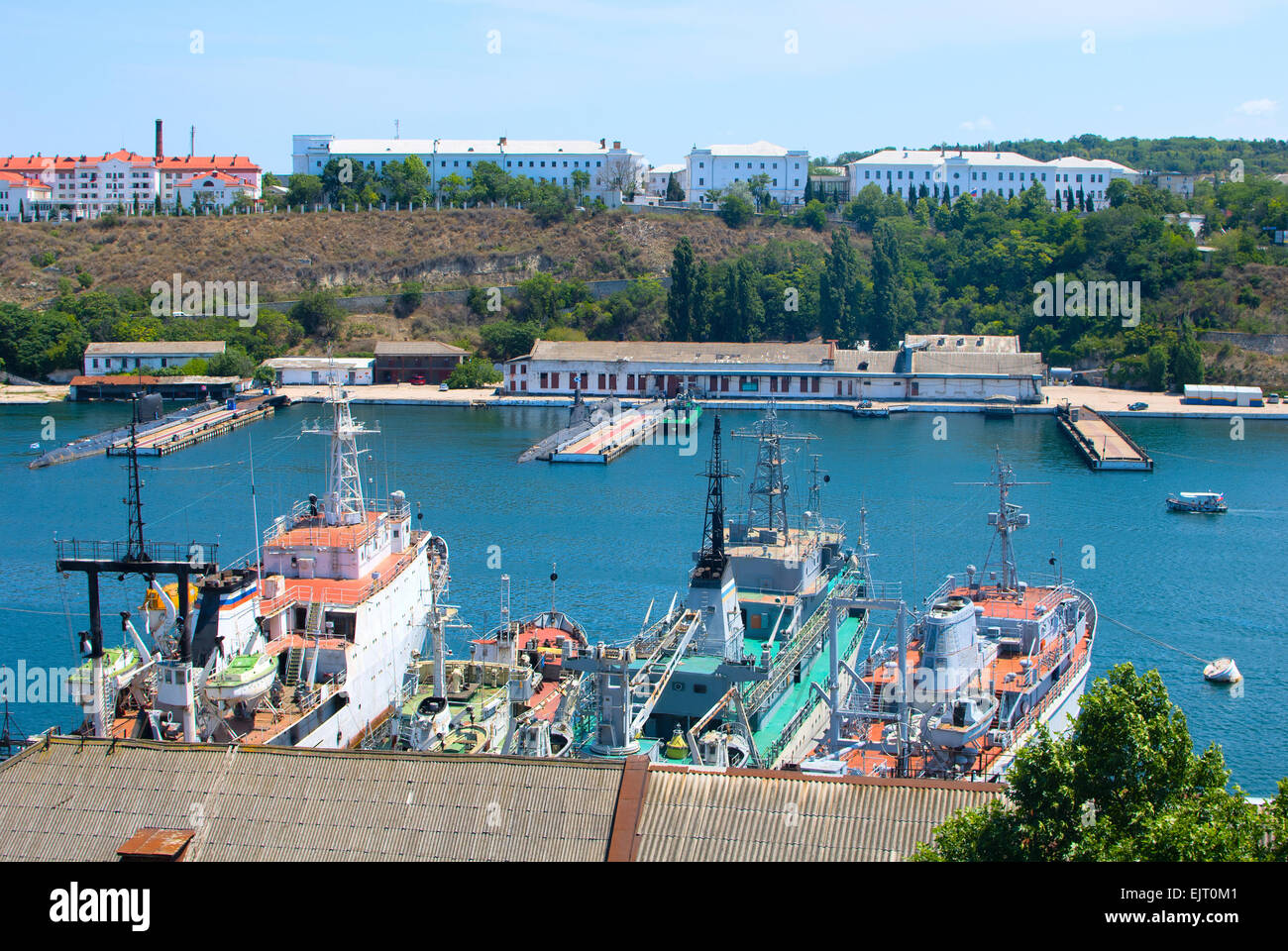 Aerial view on port of Sevastopol with ships and submarine Stock Photo ...