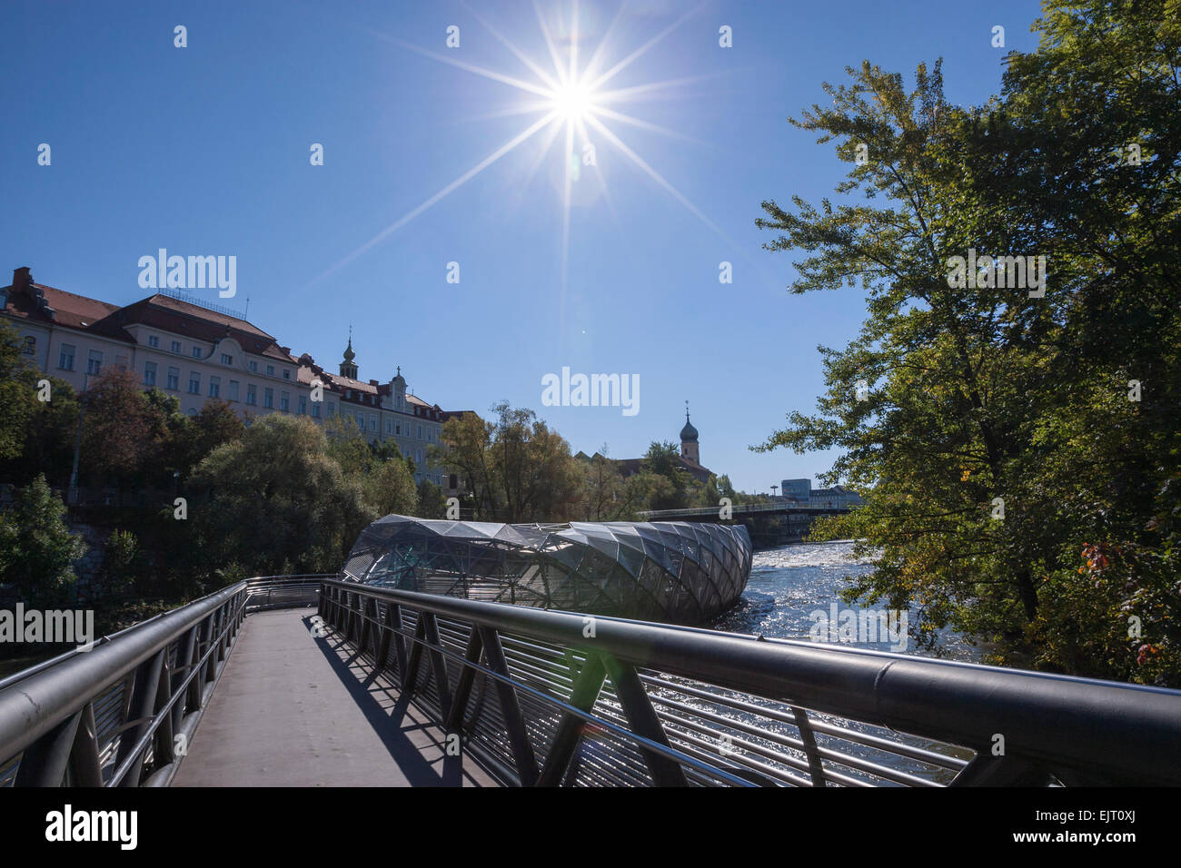 Graz city with the Murinsel, an artificial floating platform in the ...