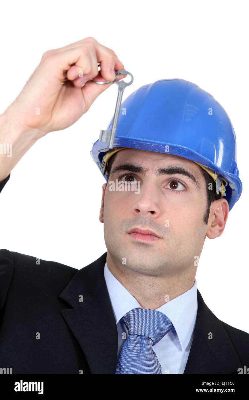 Man with blue helmet Stock Photo - Alamy