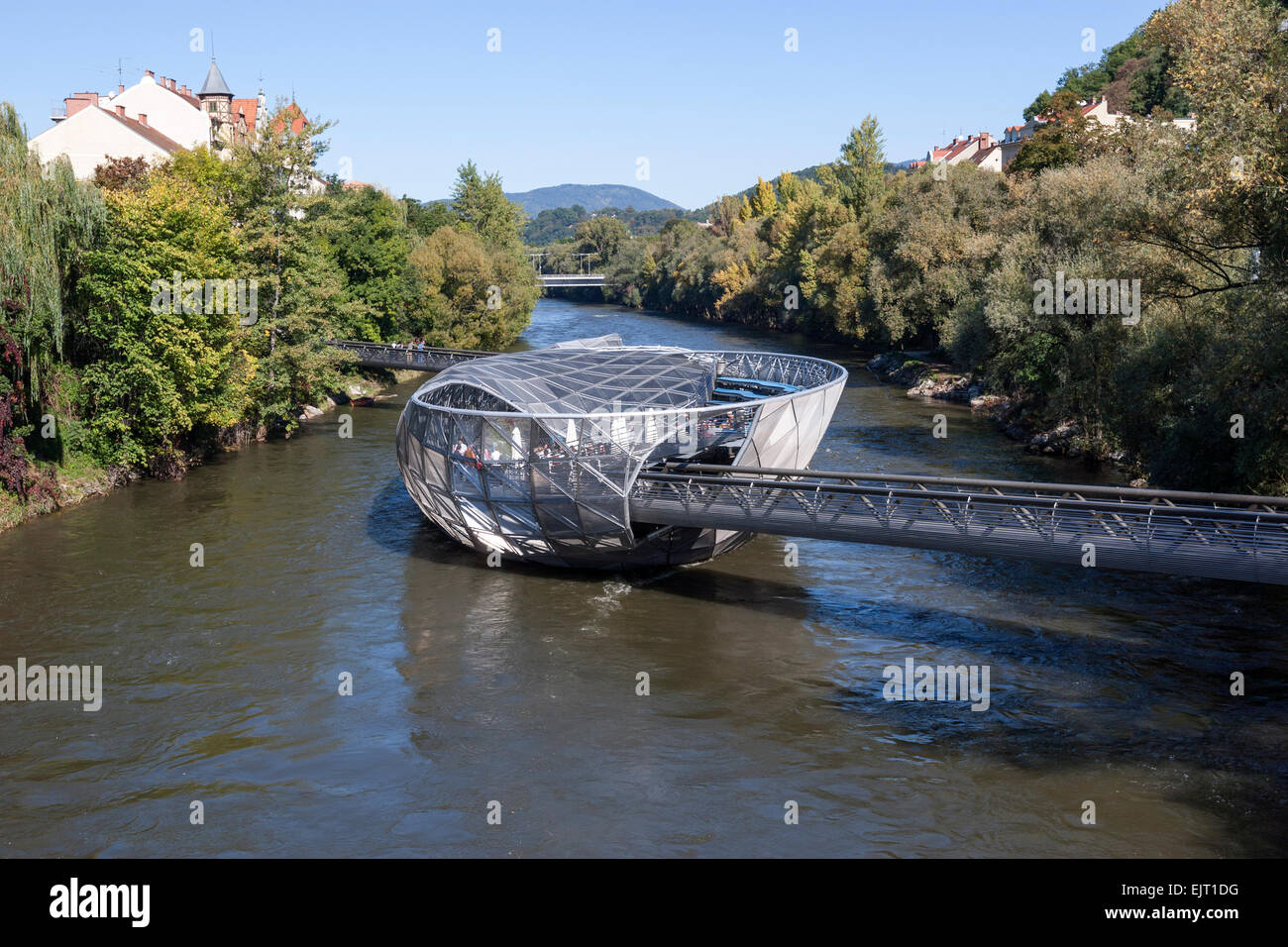 Graz city with the Murinsel, an artificial floating platform in the ...