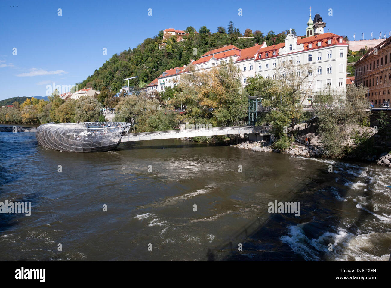 Graz with the Murinsel, an artificial floating platform in the middle ...