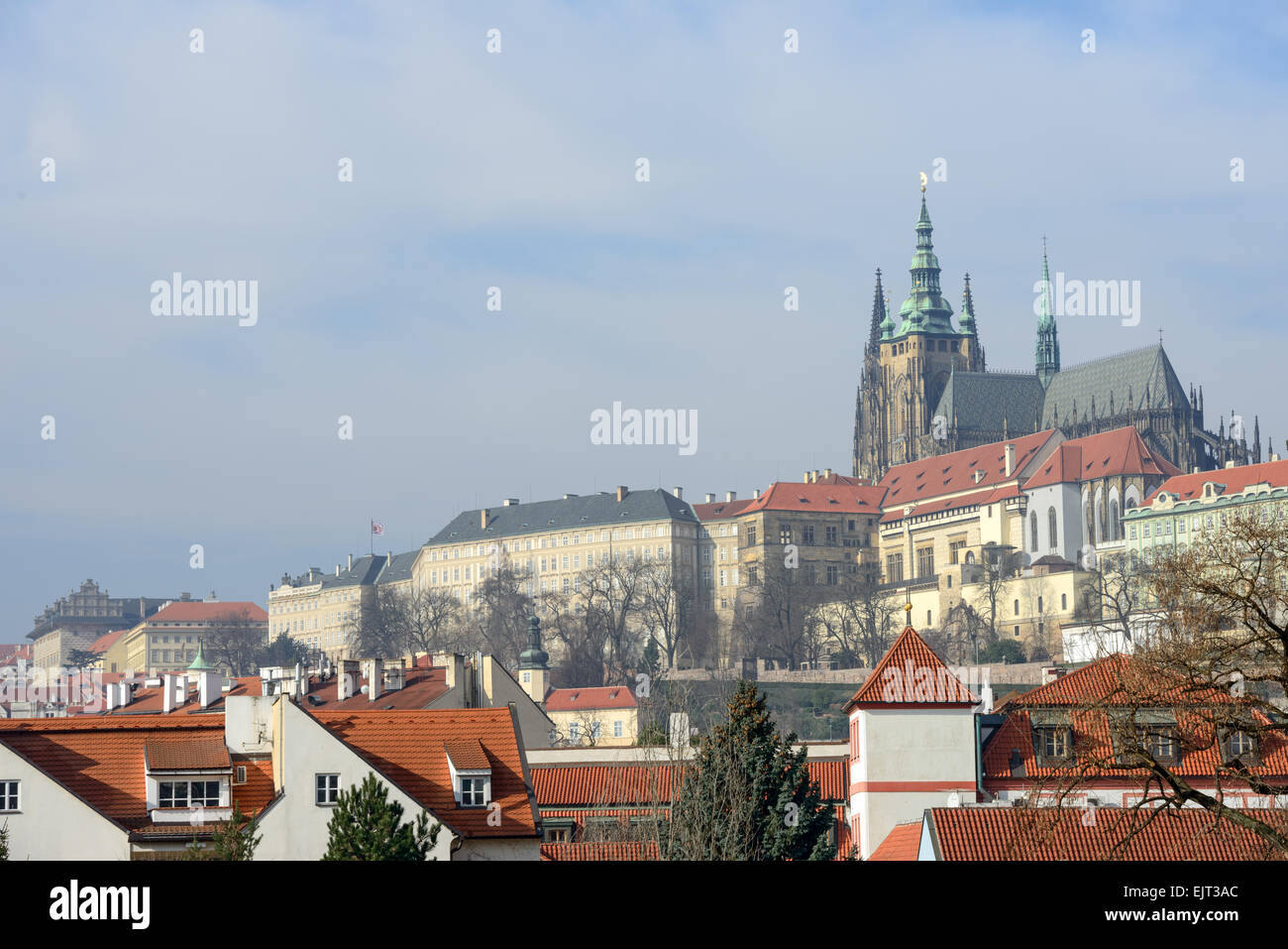 Panoramic view from point on Manes Bridge toward Prague Castle with ...