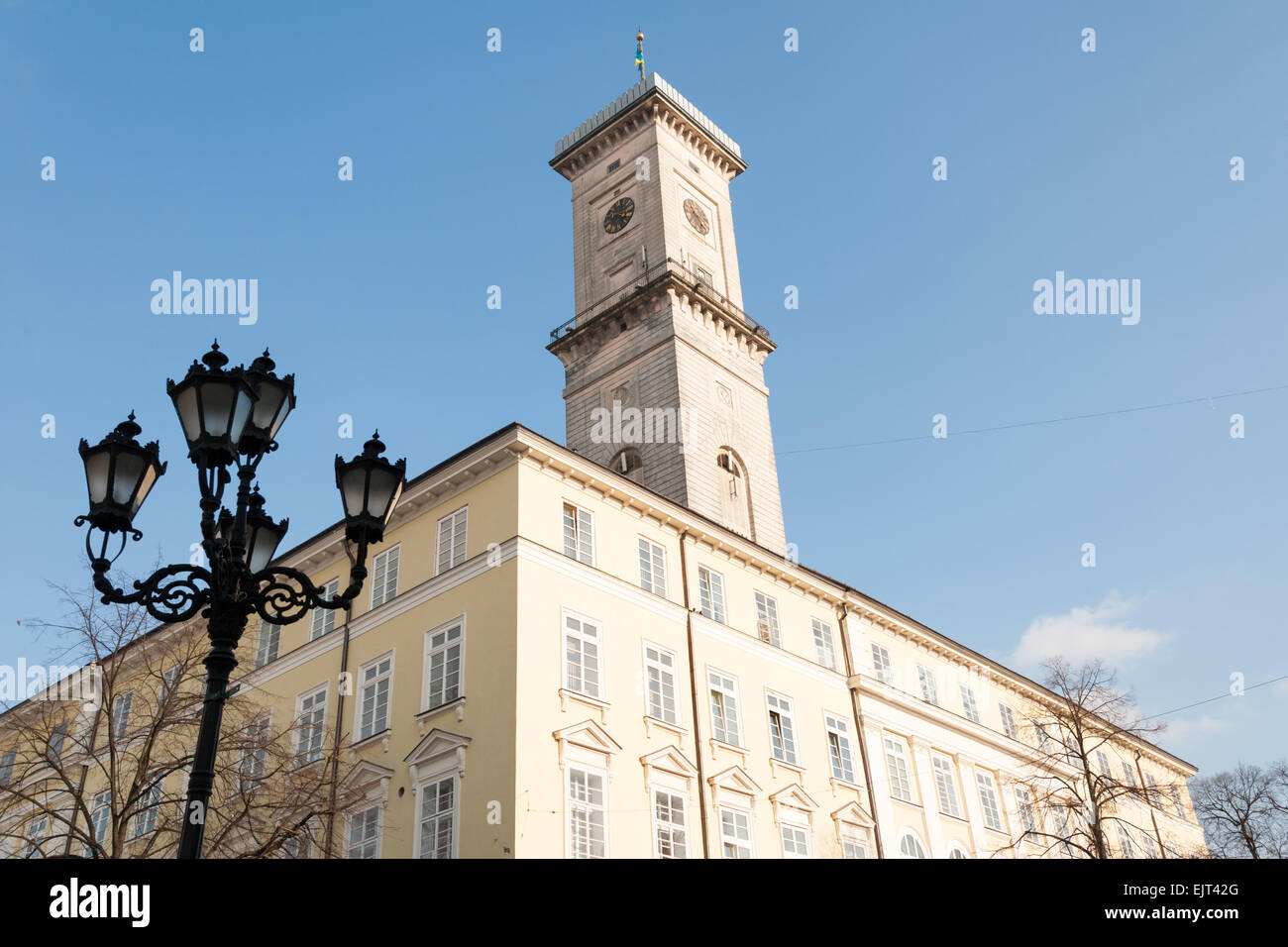 City Hall and lamppost on central Market Square at spring time, Lviv ...