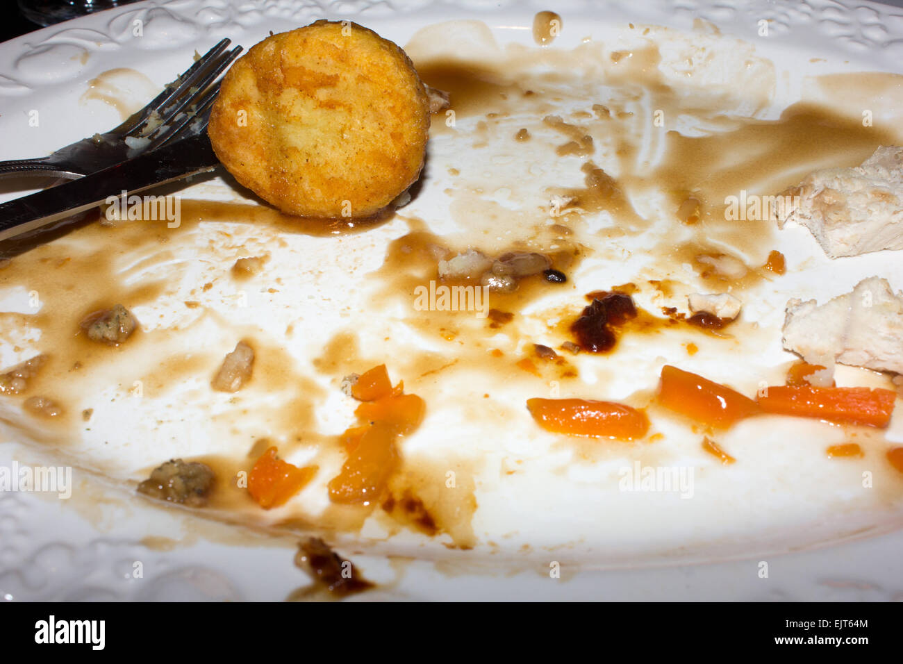 Leftovers on a plate after eating a Christmas meal/ roast dinner ...