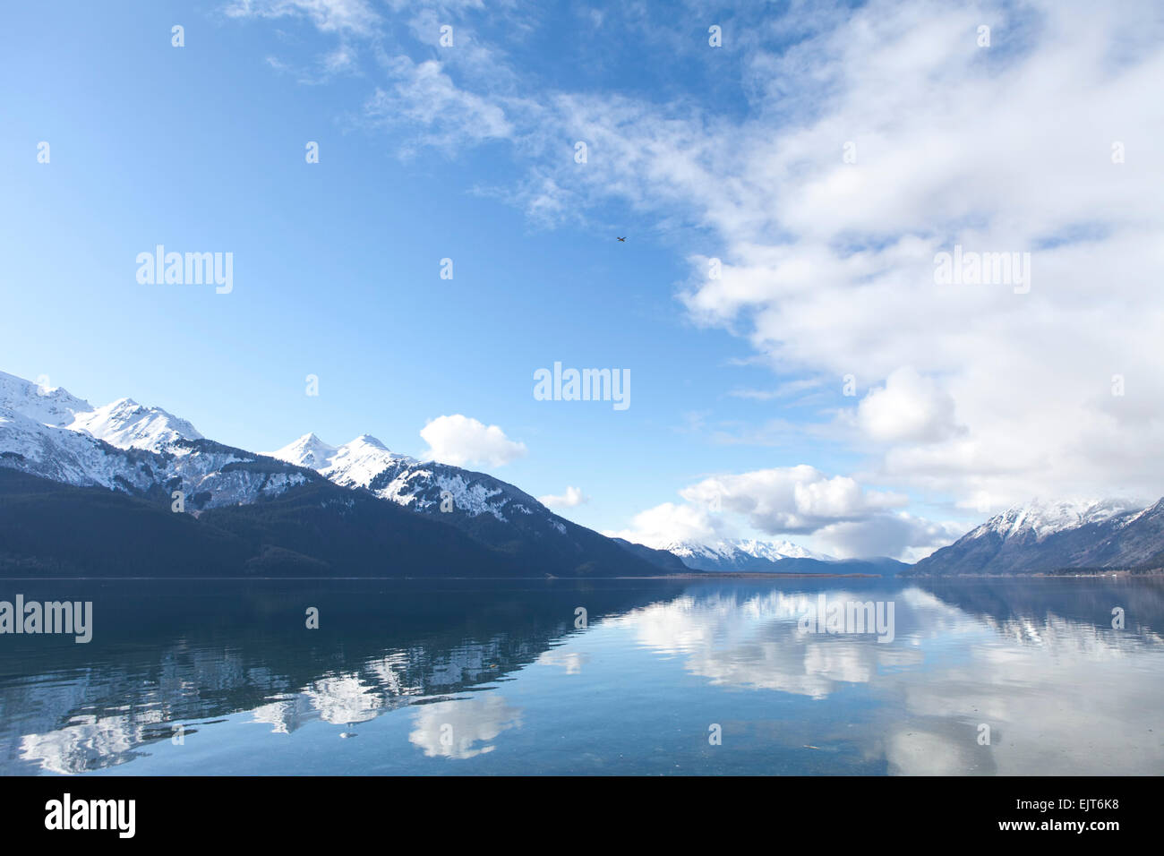 Mountains and clouds reflected in the still water of the Chilkat Inlet ...