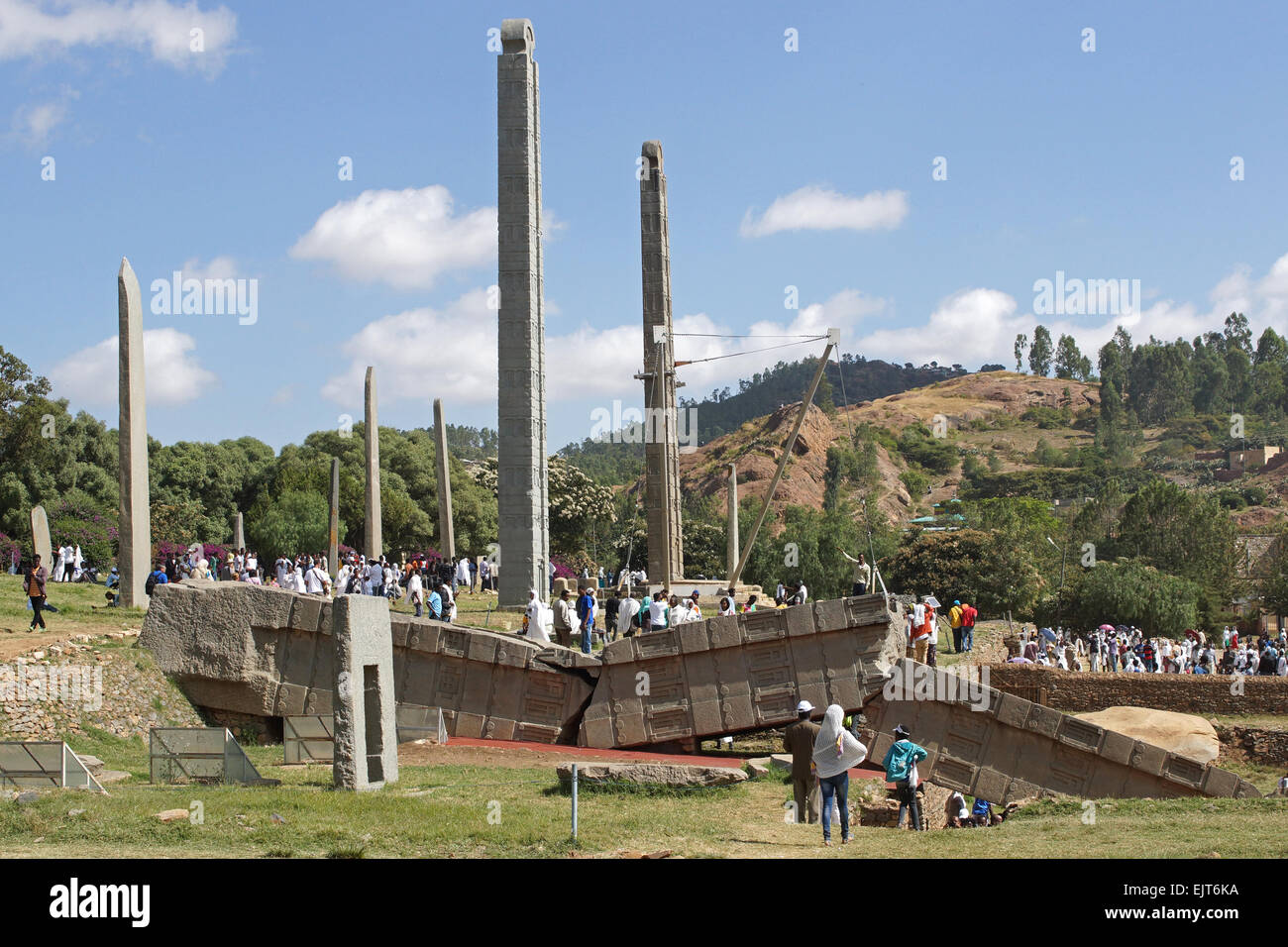 AXUM, ETHIOPIA - NOVEMBER 30, 2014: People visiting the ancient steles ...