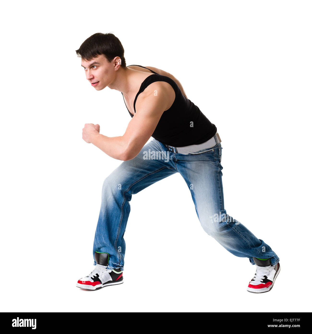 Handsome young man dancing isolated on white background in full body ...