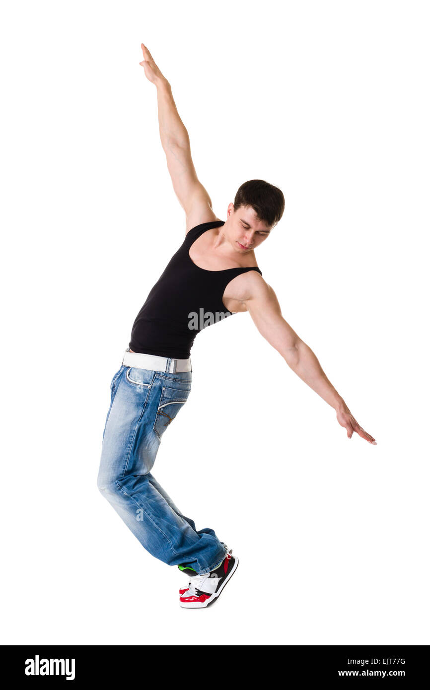 Handsome young man dancing isolated on white background in full body ...
