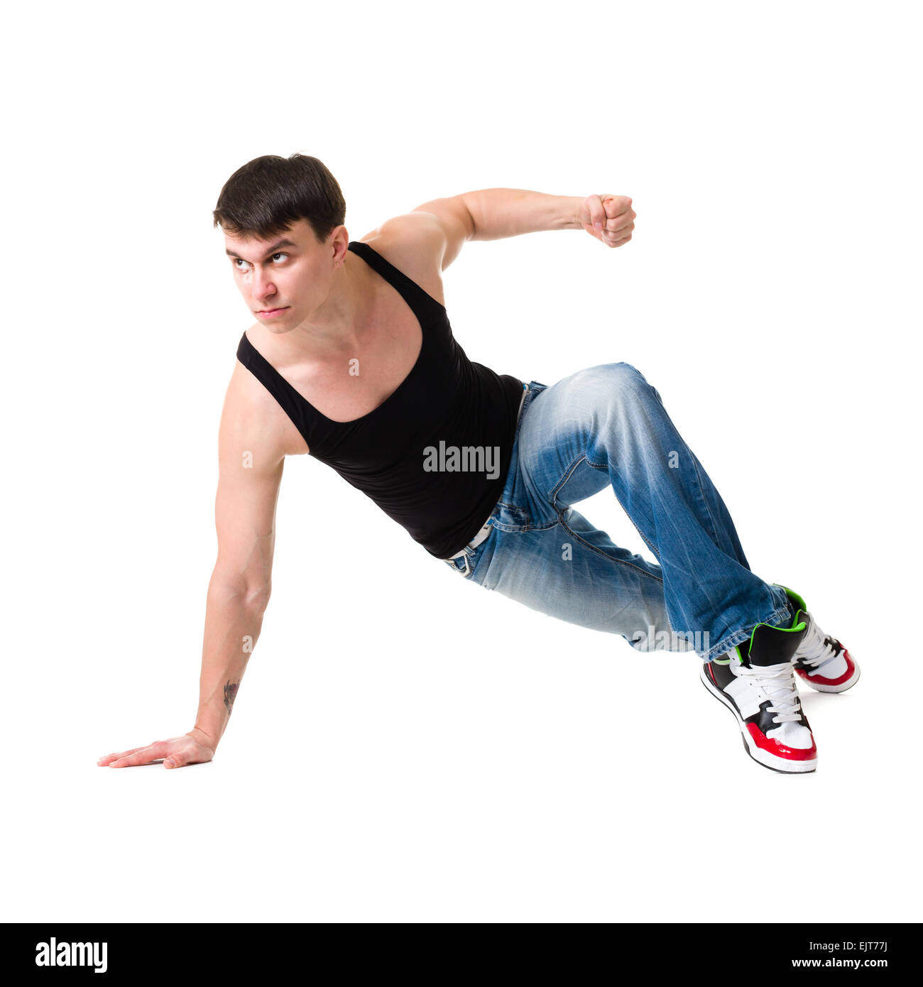 Handsome young man dancing isolated on white background in full body ...