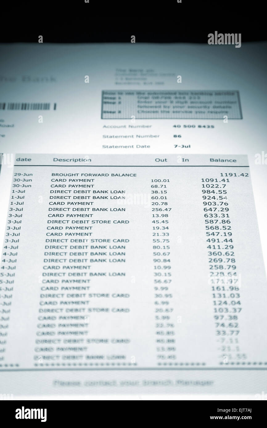 Bank statement and credit card statement showing account in the red ...