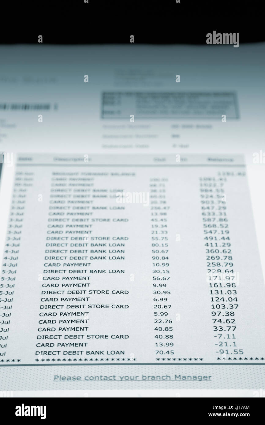 Bank statement and credit card statement showing account in the red ...