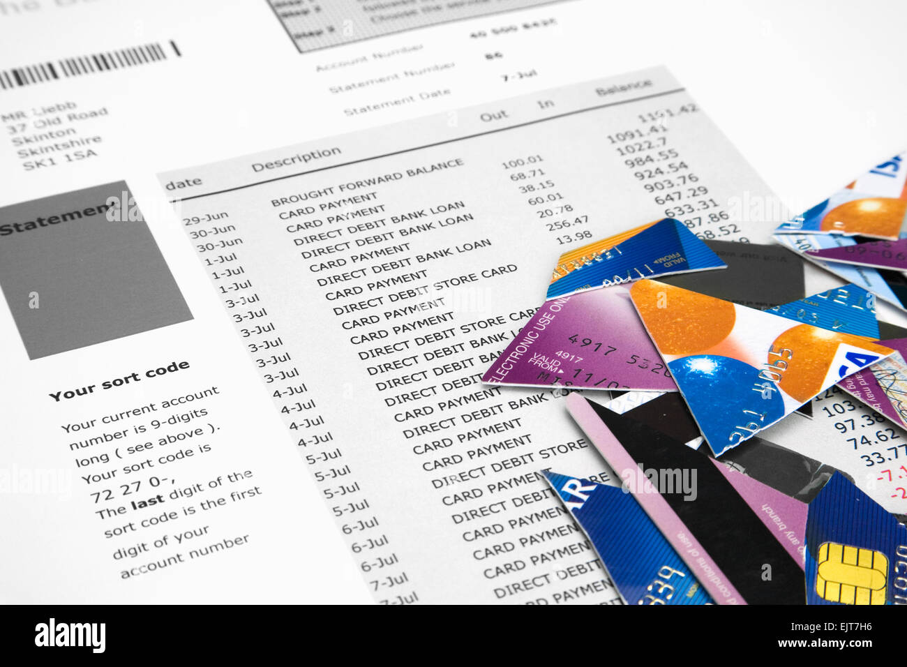 Selection of cut up Credit Cards on top of Bank Statement Stock Photo ...