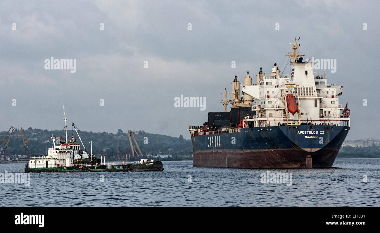 Oil tanker with support boat in the harbour in Havana in Cuba Stock ...