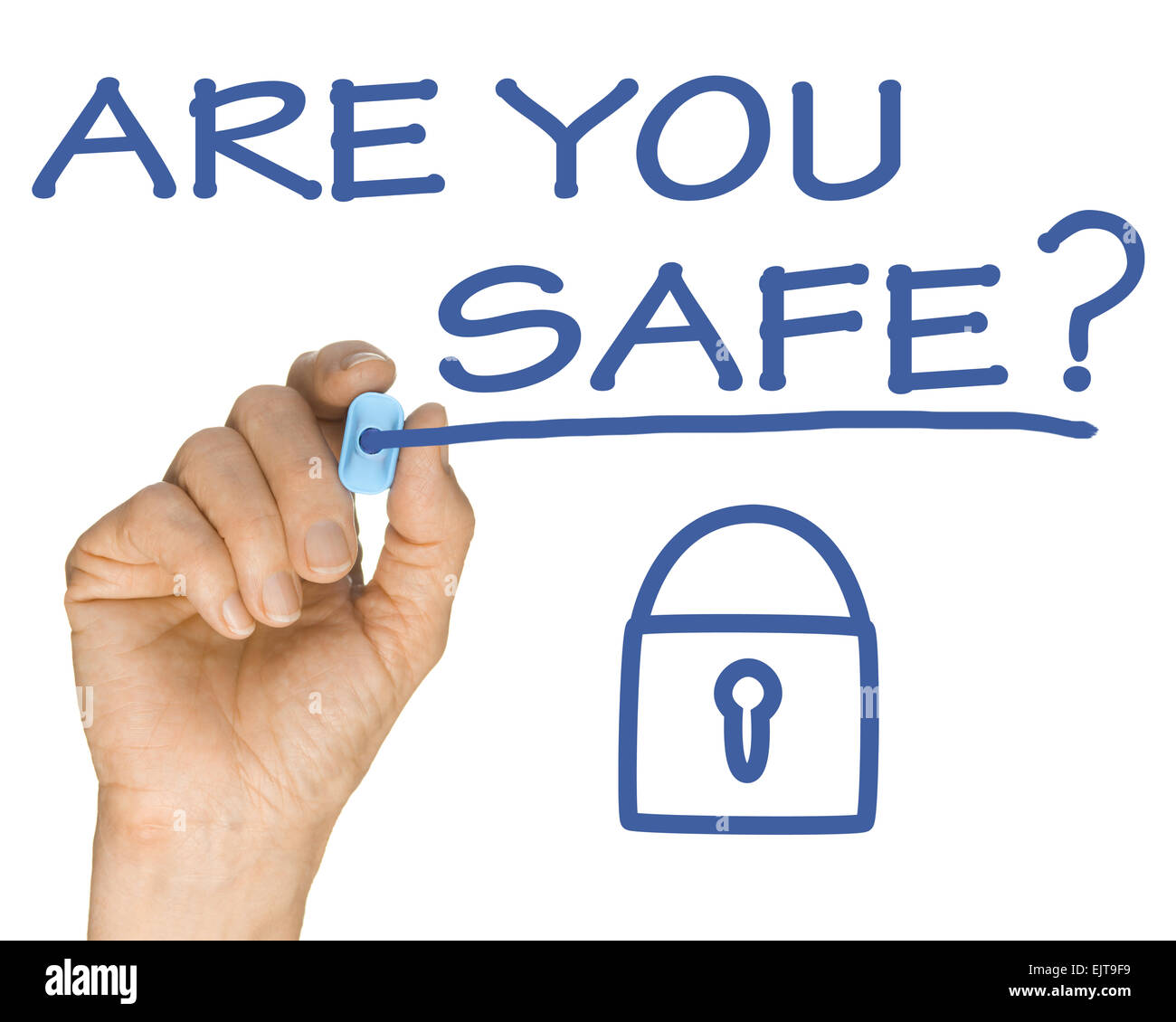 Hand and Blue Highlighter Pen writing Safe with Padlock Stock Photo - Alamy