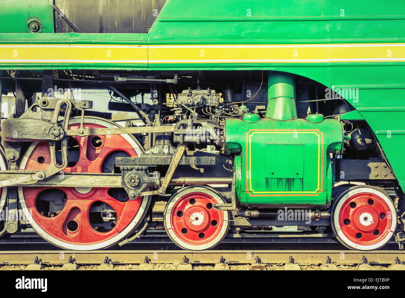 Mechanical part and wheels of the retro steam locomotive Stock Photo ...
