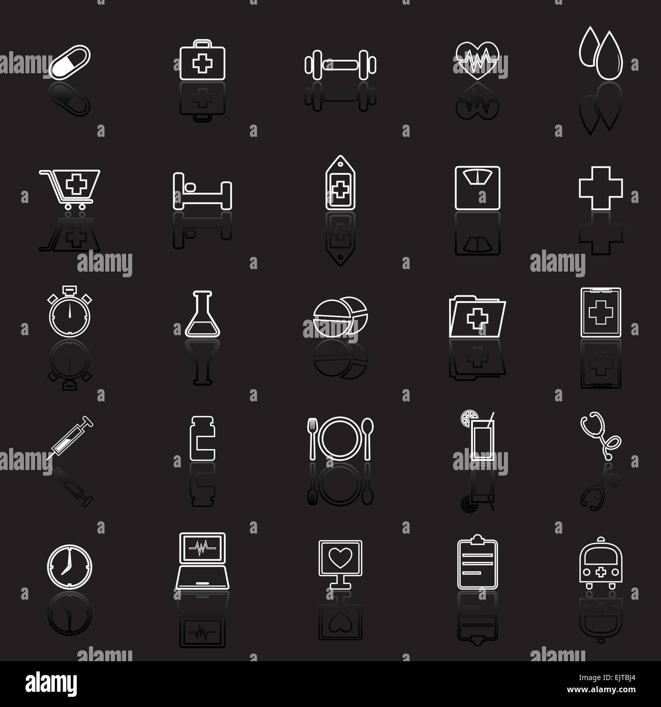 Health line icons with reflect on black background, stock vector Stock ...