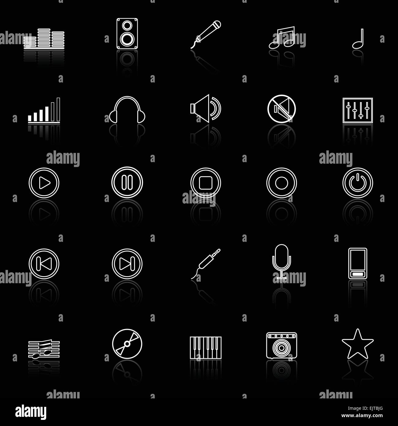 Music line icons with reflect on black background, stock vector Stock ...
