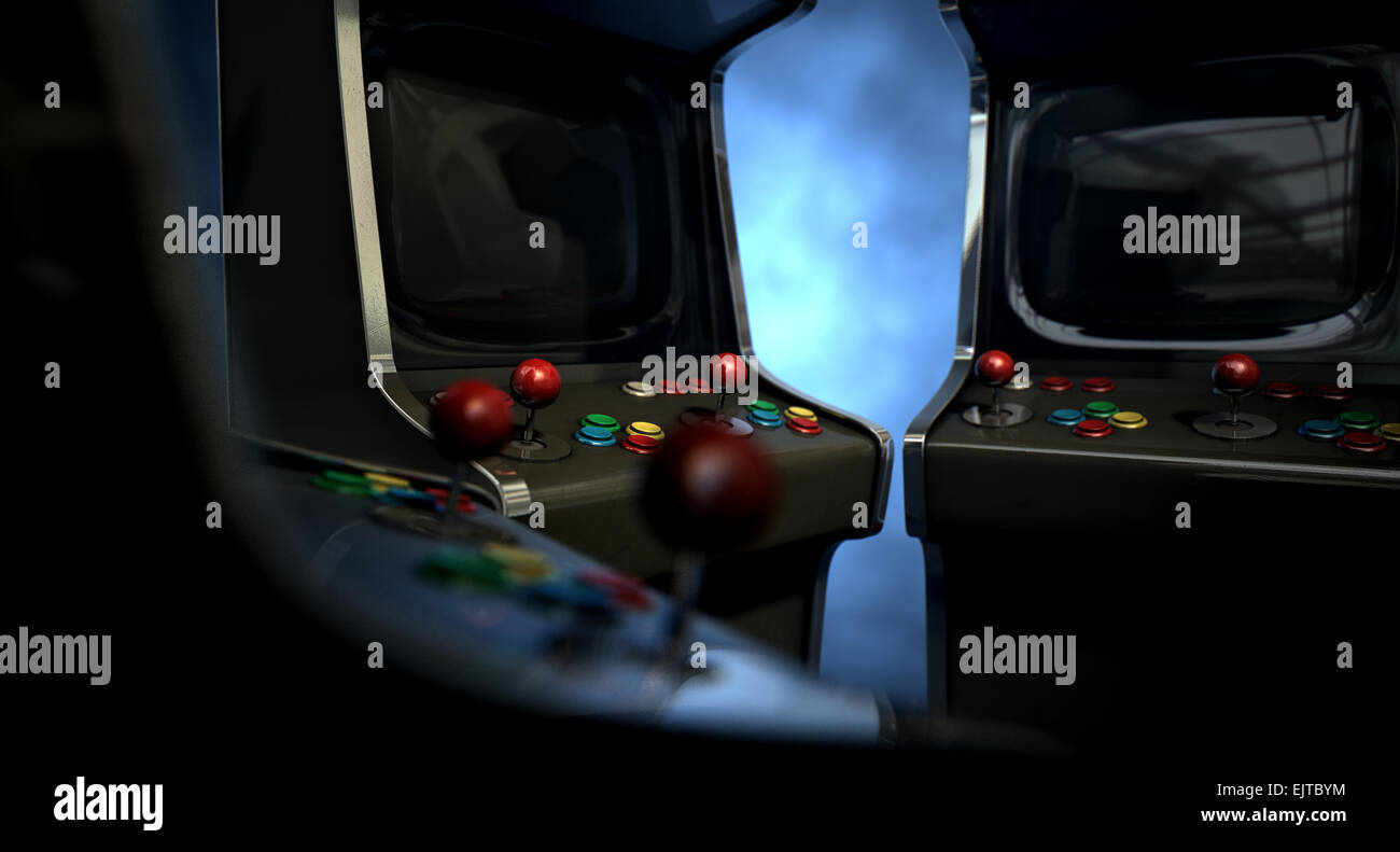 A group of vintage unbranded arcade games with a joysticks and buttons ...