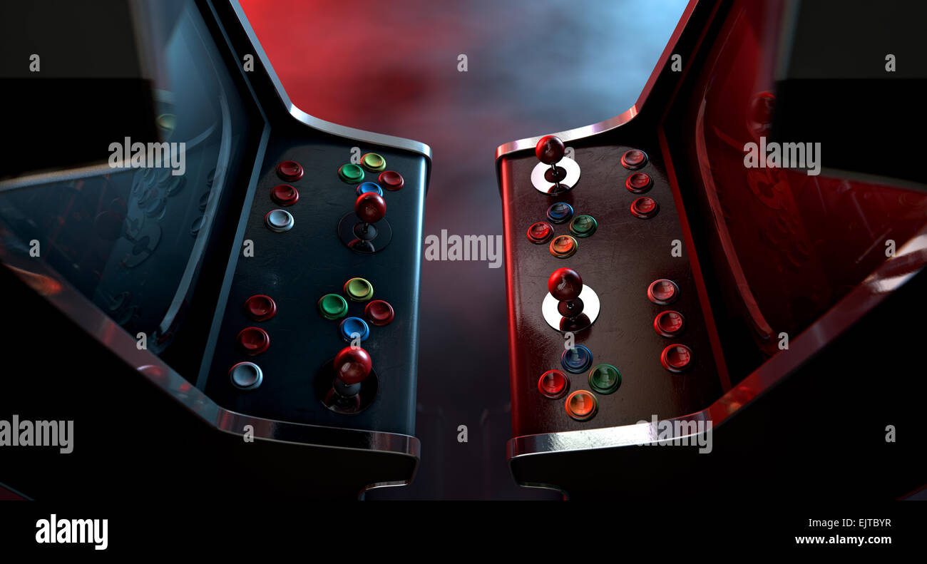 Two vintage unbranded arcade games with a joysticks and buttons and a ...