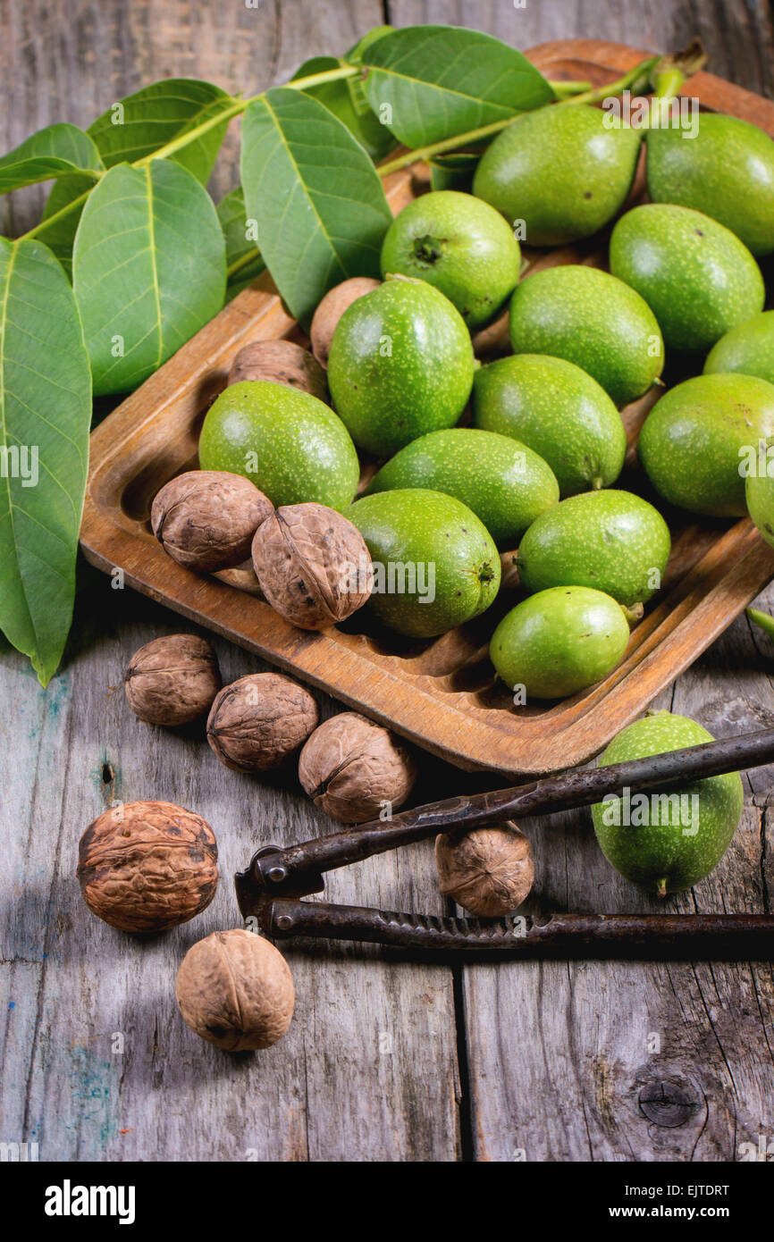 Young green and ripe walnuts in wooden plate and vintage nutcracker ...