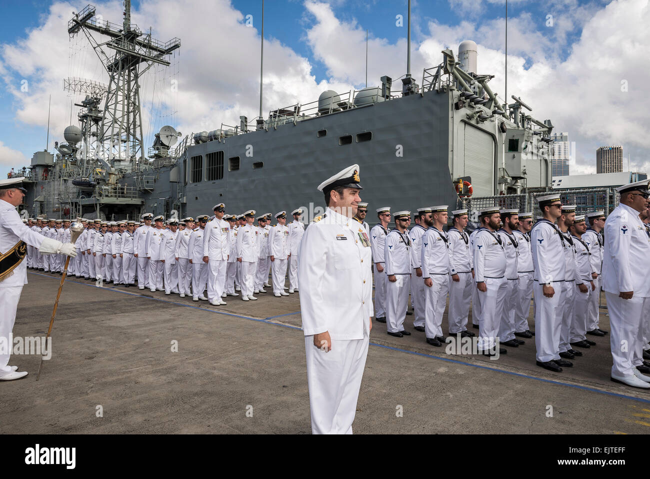 Sydney, AUSTRALIA - April 01, 2015: Officers and crew of frigate HMAS ...