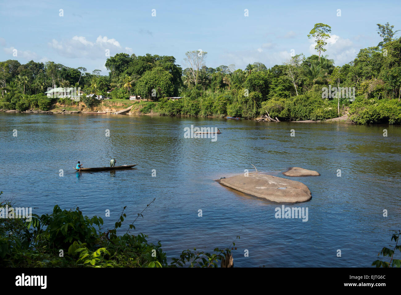 Maroon people fishing from canoes on the Upper Suriname River, Suriname ...