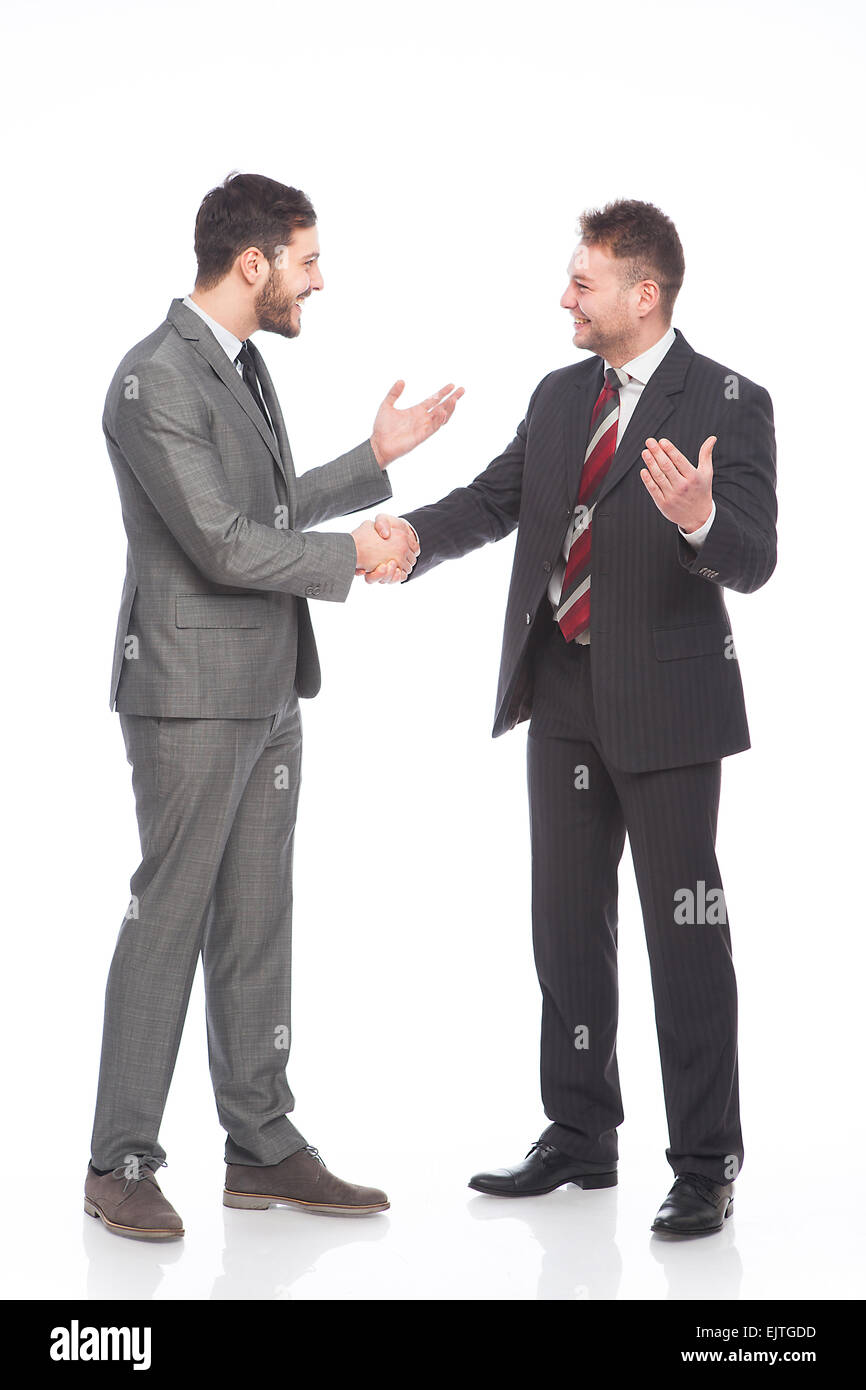 businessmans talking and shaking hands happy, on white background Stock ...