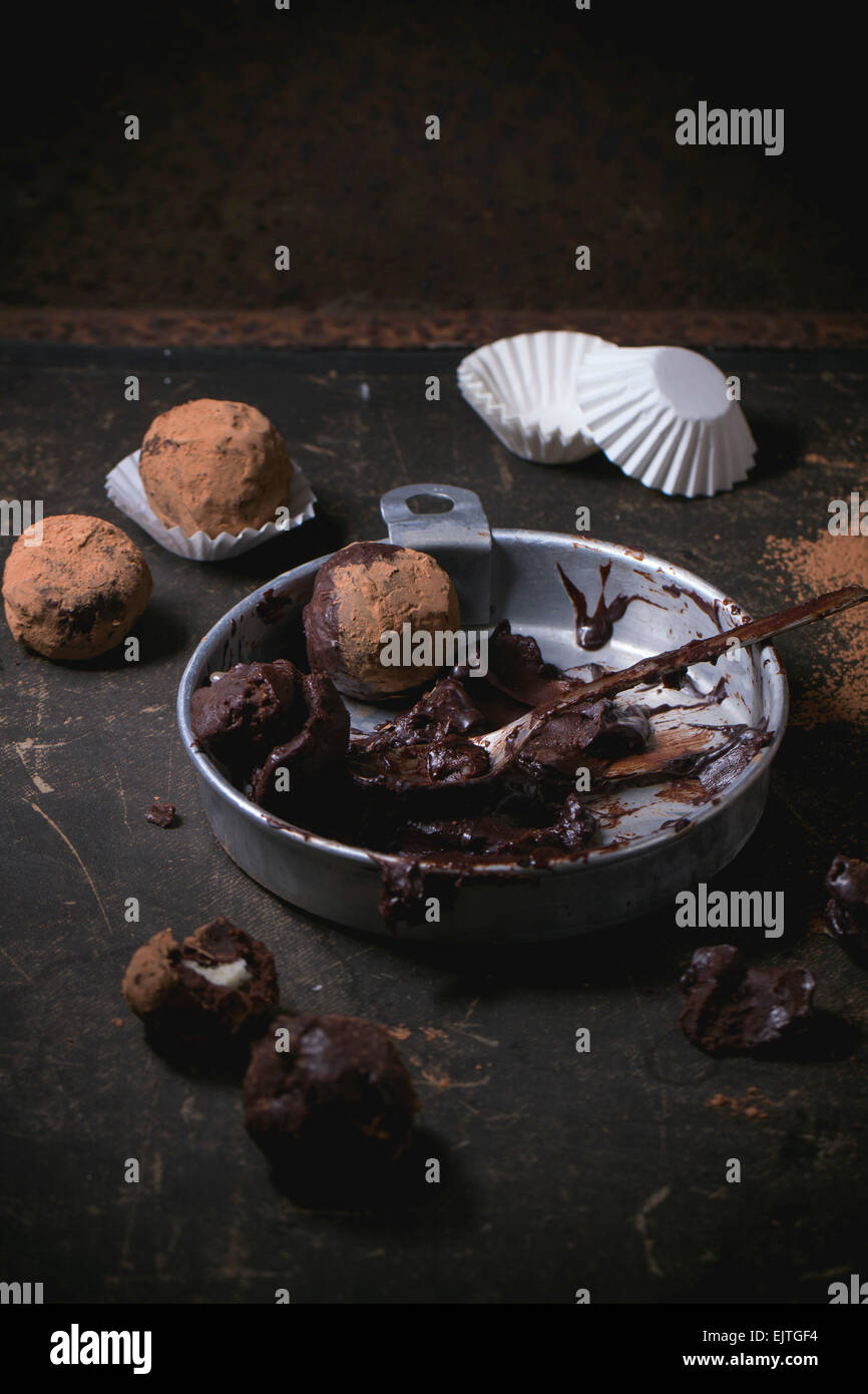 Aluminium plate with chocolate mixture for making chocolate truffles ...