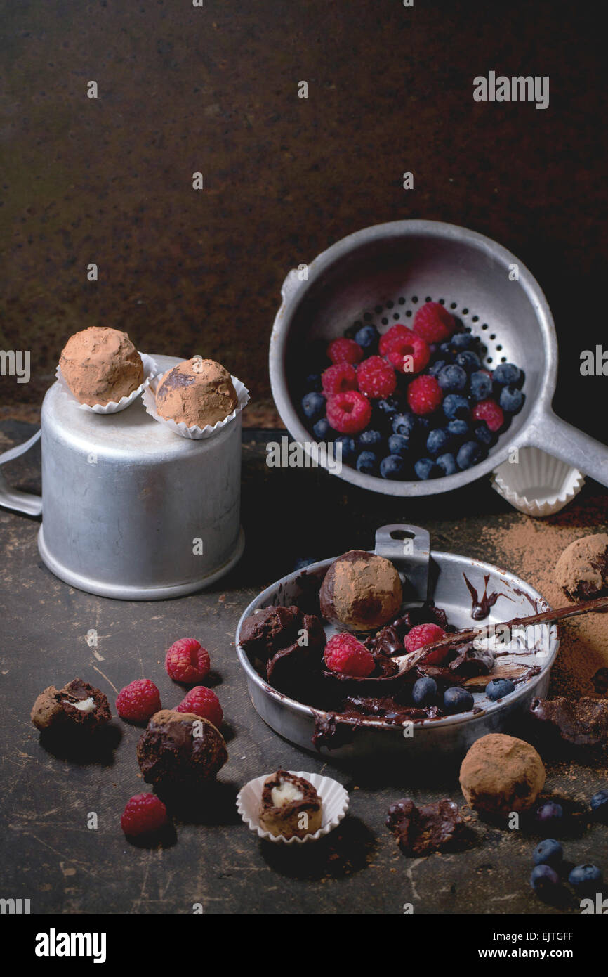 Aluminium plate with chocolate mixture for making chocolate truffles ...