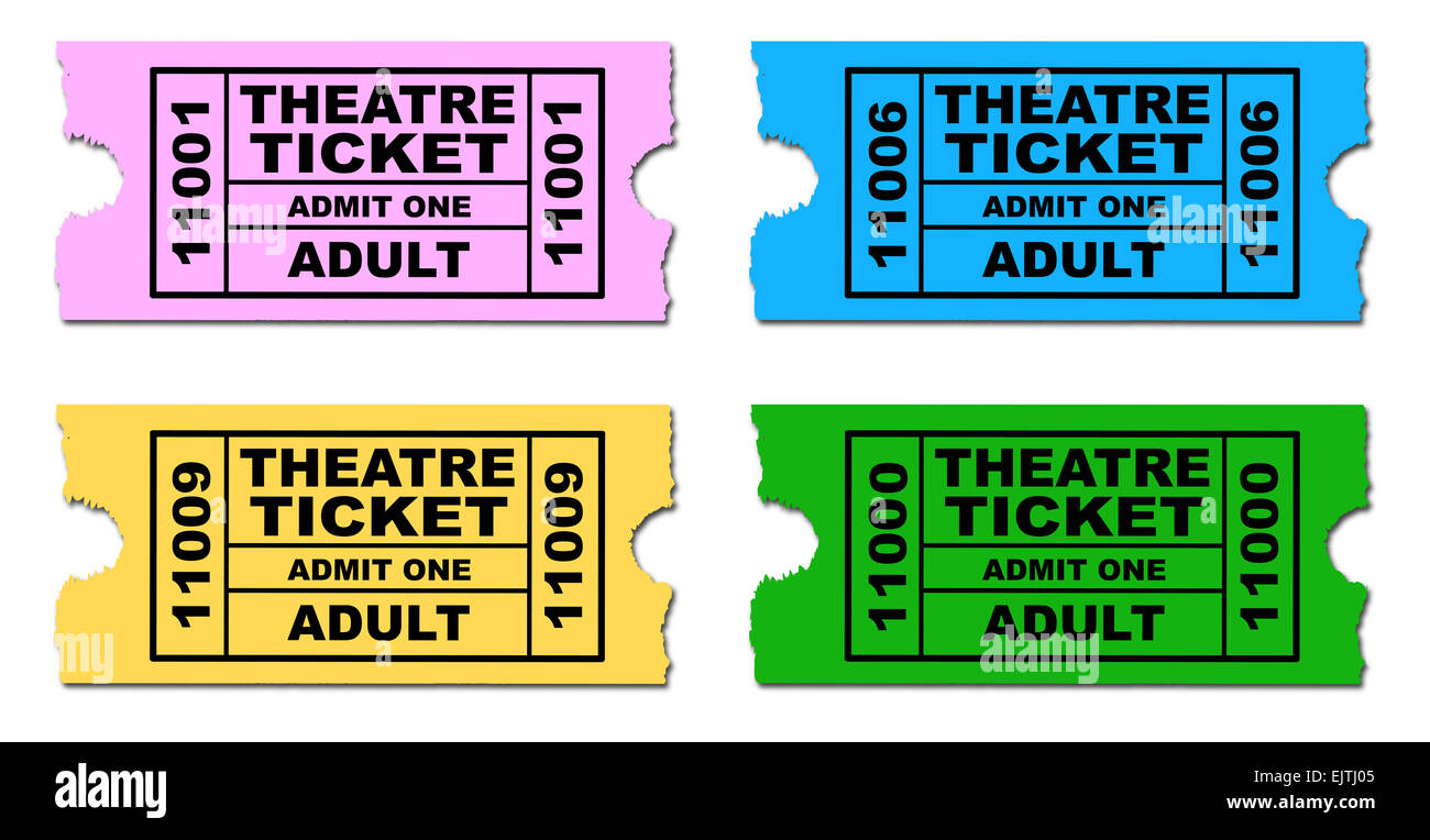 Four different theater tickets to admit one adult all isolated on a ...