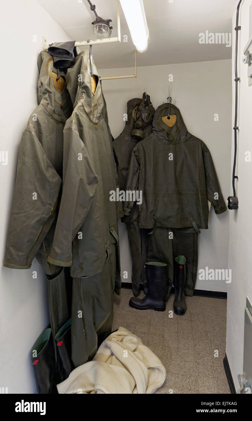 Protective suits in the detoxification room, nuclear bunker, Kall-Urft ...