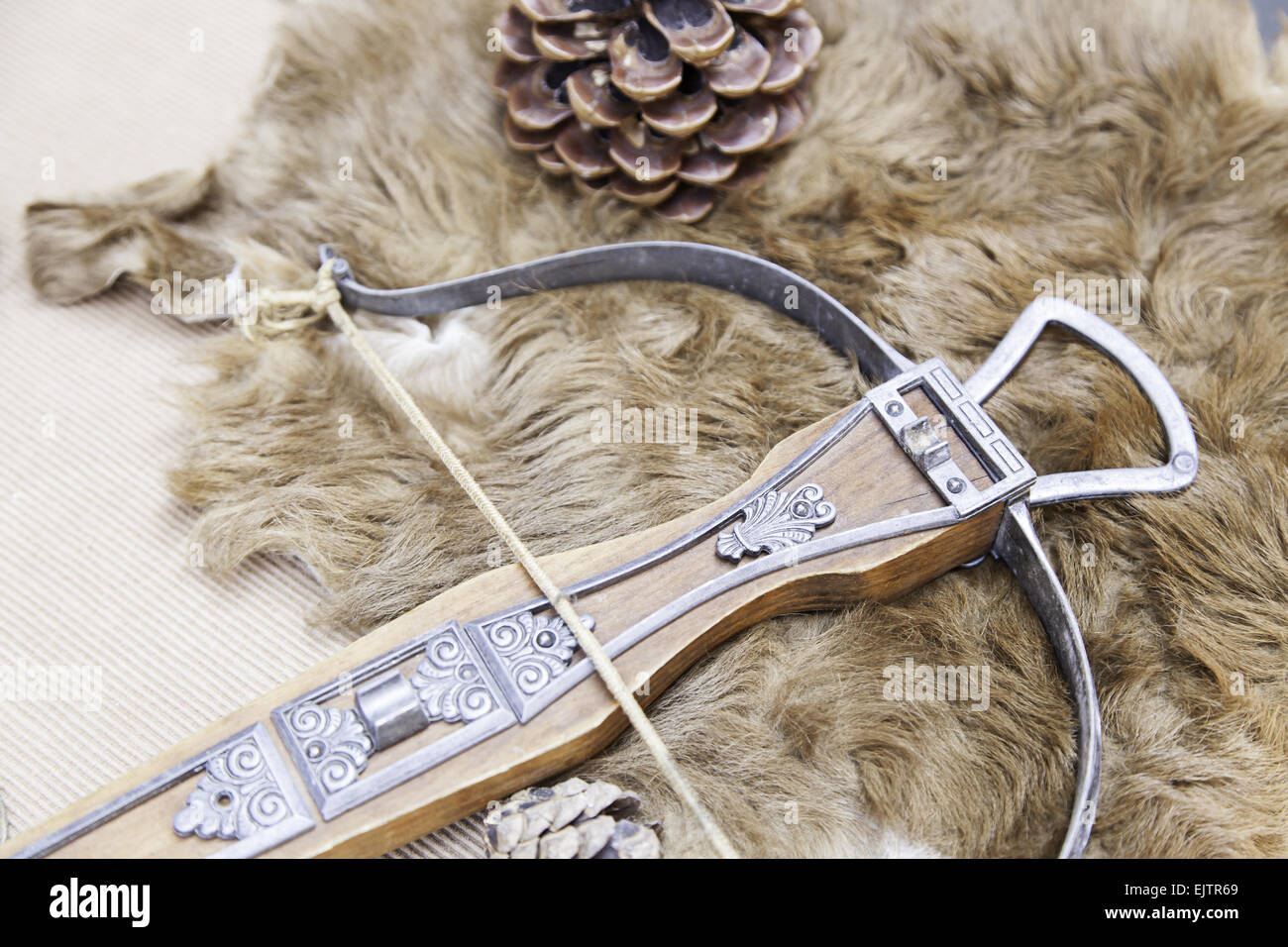 Old medieval crossbow, detail of an old gun with arrows, ancient art ...