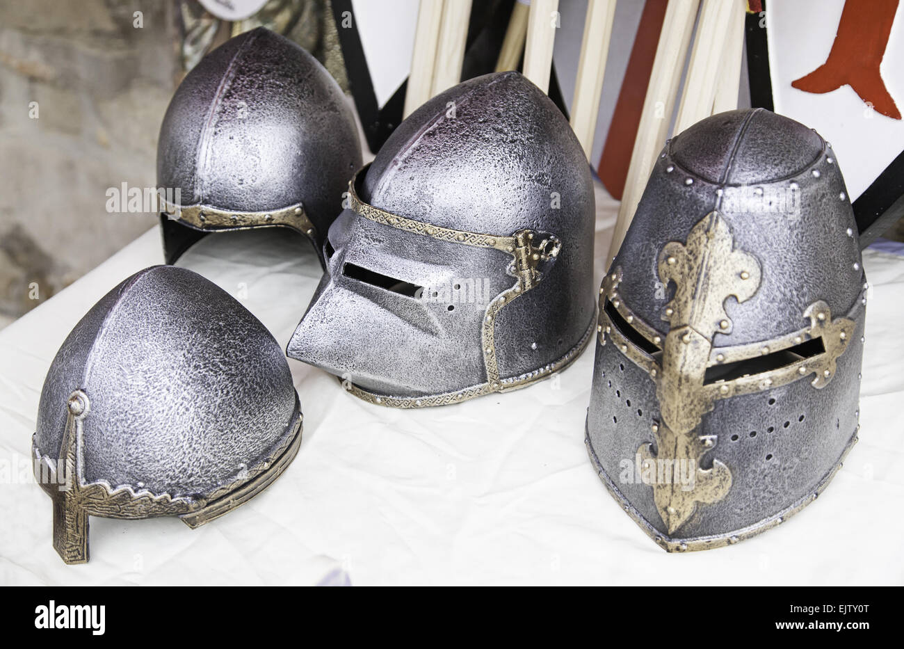 Old medieval helmets, detail of a protective metal skeletons, ancient ...